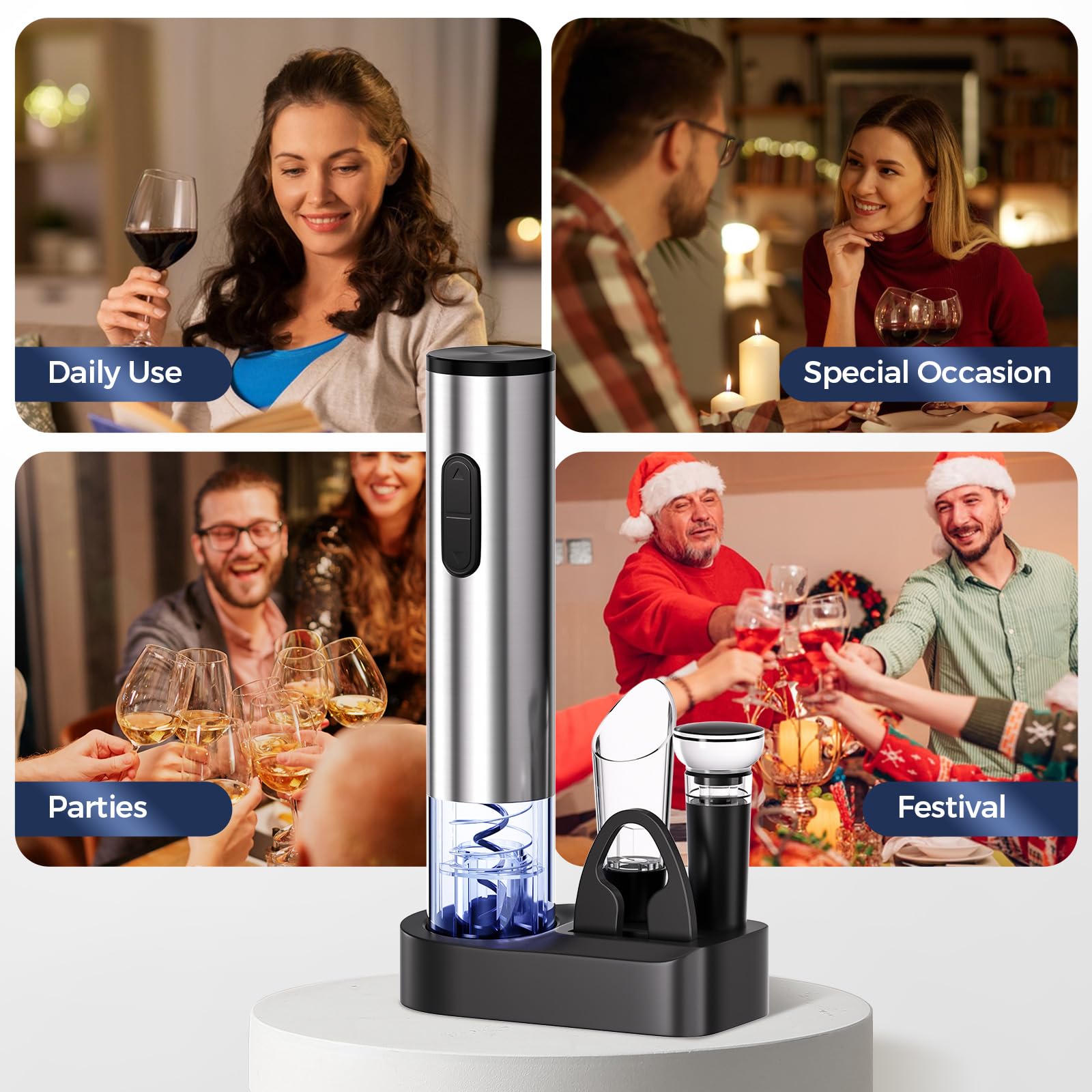 [6-IN-1] Electric Wine Opener, Battery Operated Wine Bottle Opener with Foil Cutter, Wine Aerator, Vacuum Stopper, Storage Base & Carrying Case, Ideal Wine Accessories for Wine Lovers, Stainless Steel