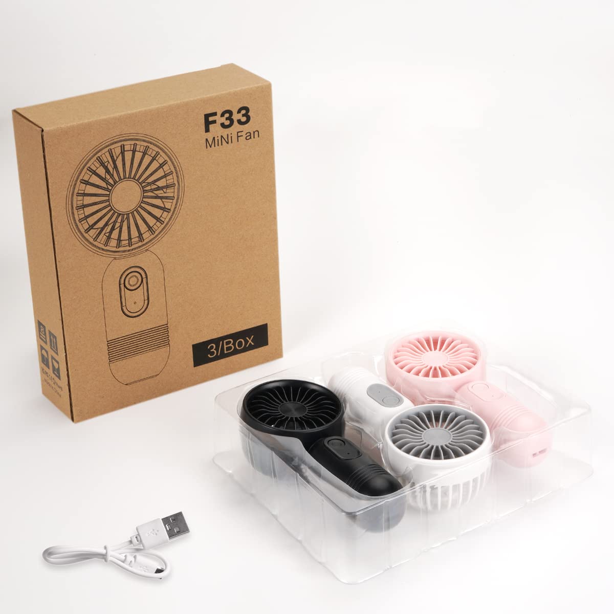 [Portable Mini Fan 3-pack] Handheld Personal Small Fan with 3-speed for Travel, USB Rechargeable Battery Operated Eyelash Fan, Black&White&Pink