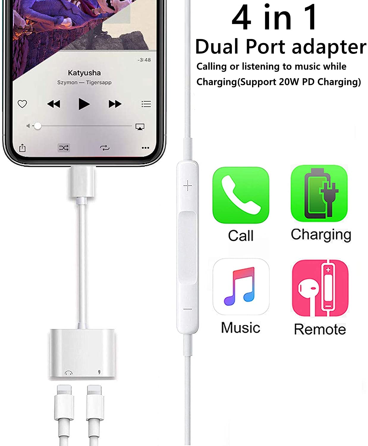 [Apple MFi Certified] 2PACK Dual Lightning iPhone Splitter & iPhone Dongle Adapter 4 in 1 Music+Charge+Call+Volume Control Compatible for iPhone 14/13/12/11/XS/XR/8/7/6/iPod/iPad