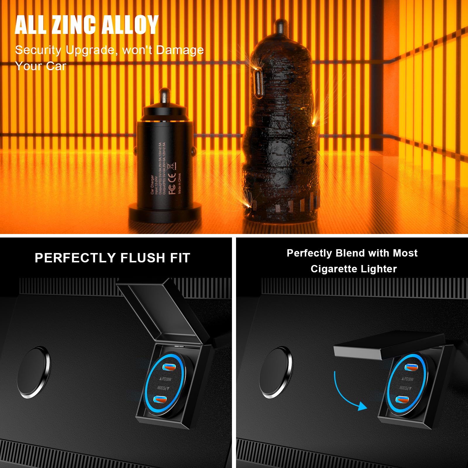 [MFi Certified] iPhone 15 Fast Car Charger, Mini 60W All Metal Dual USB C Car Charger Fast Charging Adapter & 2 Pack USB C to USB C Cord for iPhone 15/15 Plus/15 Pro/15 Pro Max/iPad Pro/Air/Mini