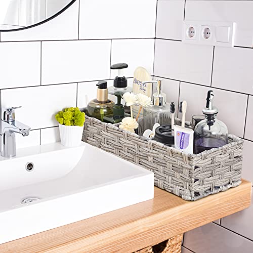 [Larger Compartments] Toilet Tank Topper Paper Basket - Multiuse Hand Woven Plastic Wicker Basket with Divider for Organizing, Rustic Farmhouse Bathroom Decor, Countertop Organizer Storage, Gray Wash