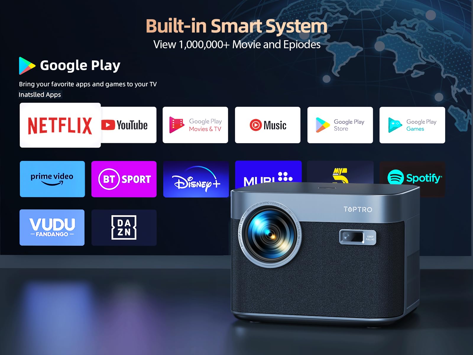 [Auto Focus/Keystone] TOPTRO X7 Android TV Projector with WiFi and Bluetooth, Smart Projector 4K Supported, 600 ANSI, Dust-proof, 50% Zoom, Outdoor Projector with Netflix/YouTube Built-in, 8000+ Apps