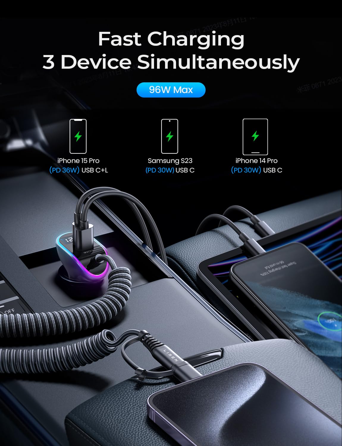 [Apple Safe Certified] USB C Car Charger Adapter LISEN 96W Cigarette Lighter USB Charger Fast Charging for iPhone Car Charger with 2-in-1 PD36W Car Charger for iPhone 15 Pro Max Plus Samsung iPad