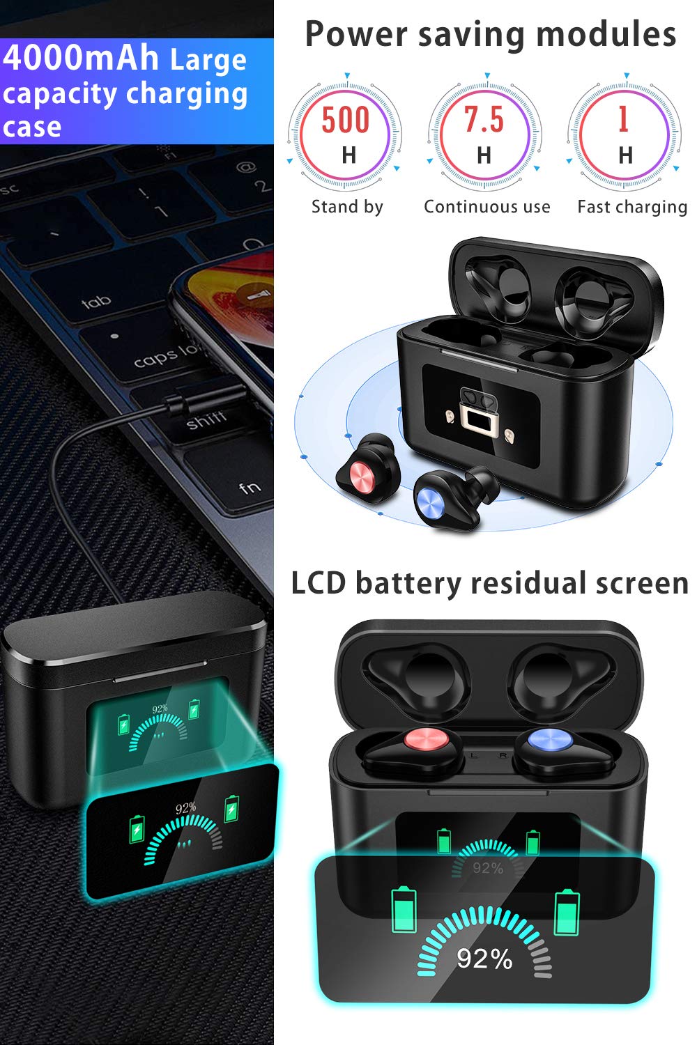 [Bluetooth 5.0 LCD Screen Electricity Display 260h Continuous Playback] Bluetooth Earphone Wireless Earphone 4000mAh with Charging case Hi-Fi AAC Compatible IPX7/Siri iPhone&Android Black