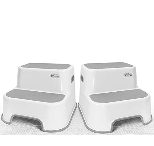 [New Version] Wider Dual Height 2 Step Stool for Kids | Toddler's Stool for Potty Training and Use in The Bathroom or Kitchen | BPA-Free Strong Soft-Grip Steps for Comfort and Safety (2 Pack, Greige)