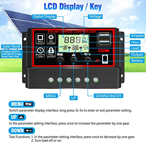 [Upgraded] 30A Solar Charge Controller, Black Solar Panel Battery Intelligent Regulator with Dual USB Port 12V/24V PWM Auto Paremeter Adjustable LCD Display (30a)
