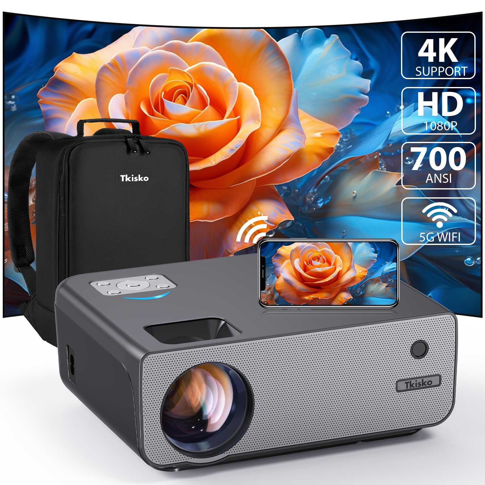 [Electric Focus] Projector with Wifi and Bluetooth, 700 ANSI Portable Outdoor Projector 4K, Tkisko Native 1080P Video Projector, Movie Projector for Outdoor Use, Compatible with iOS/Android/TV Stick
