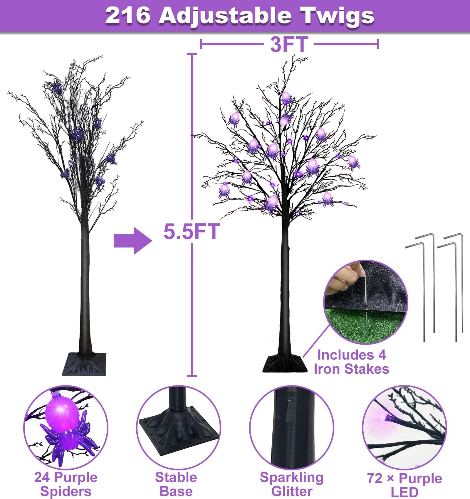 [Timer] 6 Ft Tall Halloween Tree Decorations Black Spooky Tree with 96 LED Purple Lightes and 24 DIY Bats Ornaments Artificial Tree Halloween Decor for Outdoor Indoor Home(4 Ground Stake/Adapter)