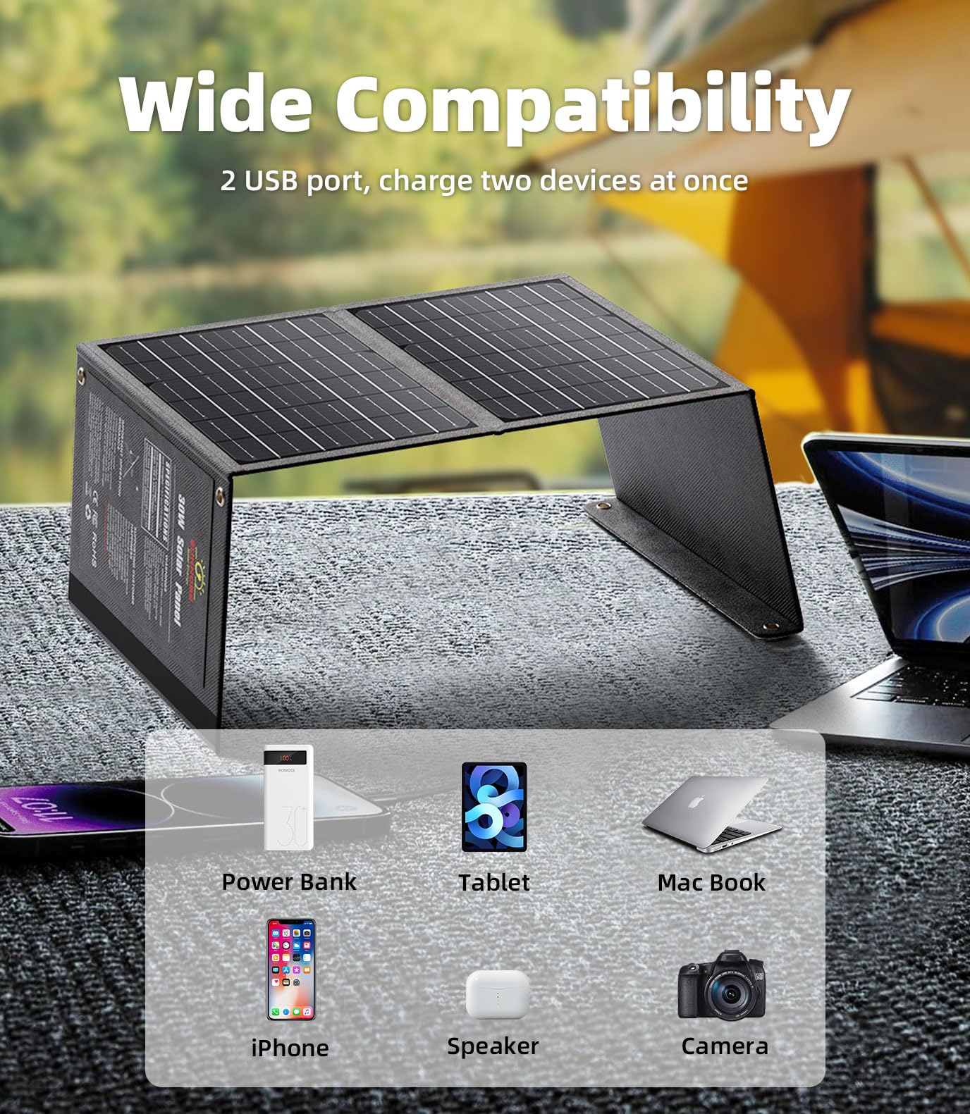 [Lightweight Upgraded]SUNNOBE Portable Solar Panel with 3-IN-1 Cable, Dual USB-A Ports, Foldable 30W Solar Panel Charger with Digital Ammeter for Camping&Hiking, Compatible with iPhone, iPad, Samsung