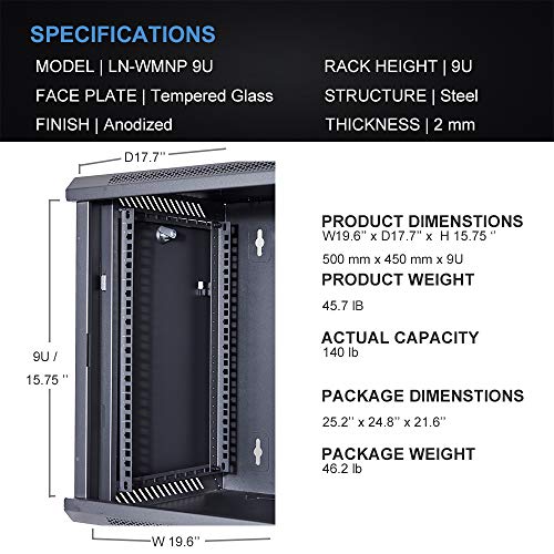 [Fully Assembled] KENUCO Deluxe IT Wall Mount Cabinet | Server Rack | Data Network Enclosure 19-Inch Server Network Rack with Locking Tempered Glass Door (Black 09U)