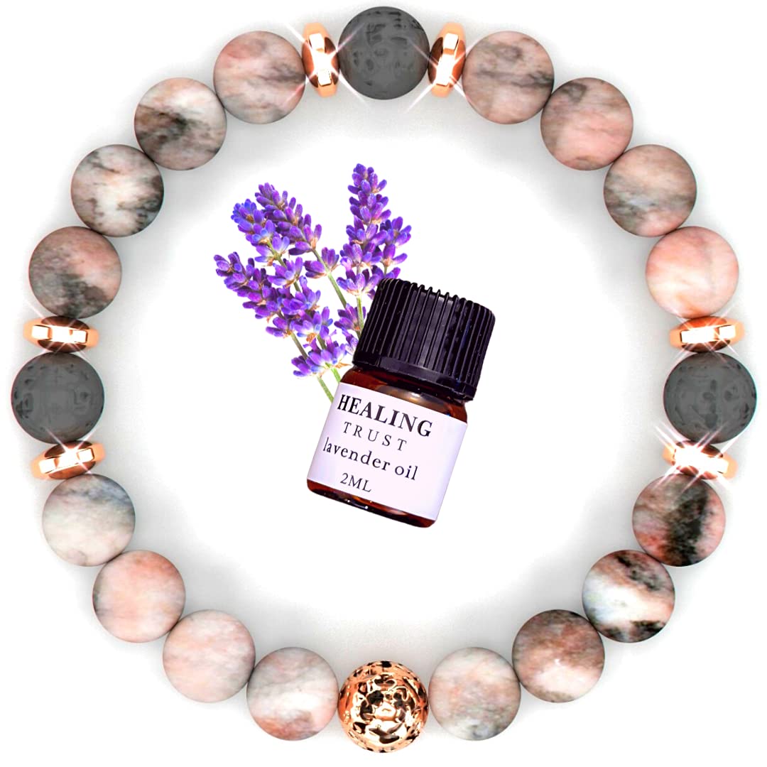 [Healing Trust] Lava Rock Bracelet with Lavender Essential Oil, Pink Zebra Jasper Essential Oil Diffuser Bracelet, Yoga Mediation Bracelet Stone Diffuser, pink zebra jasper, lava stone