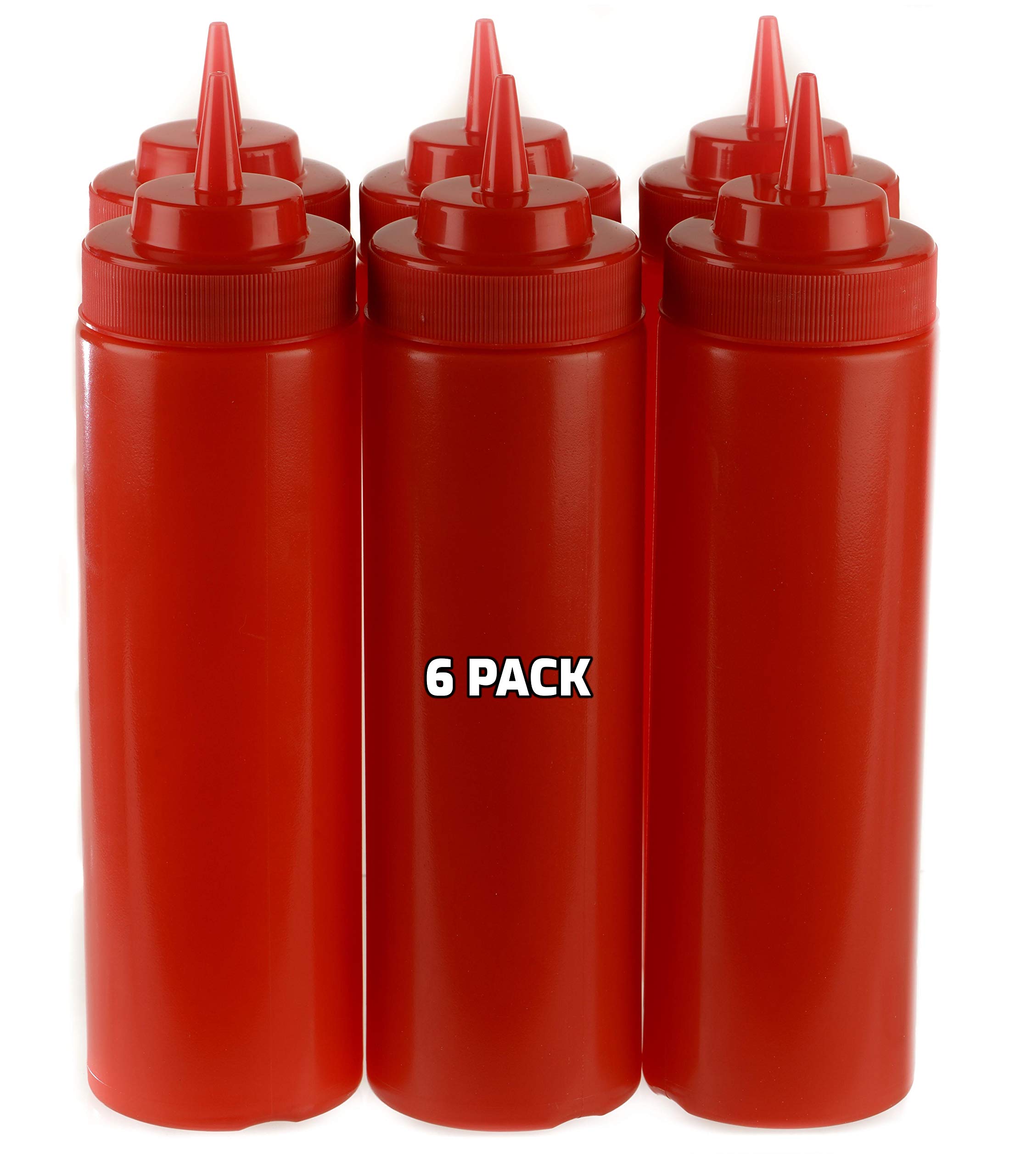 [6 PACK] 24 Oz Red Plastic Condiment Squeeze Bottles Squirt Bottle for Sauces, Dressing, Arts and Crafts, Ketchup, Mustard, Oil, BBQ - Clear Reusable Plastic Containers, BPA Free, Dishwasher Safe