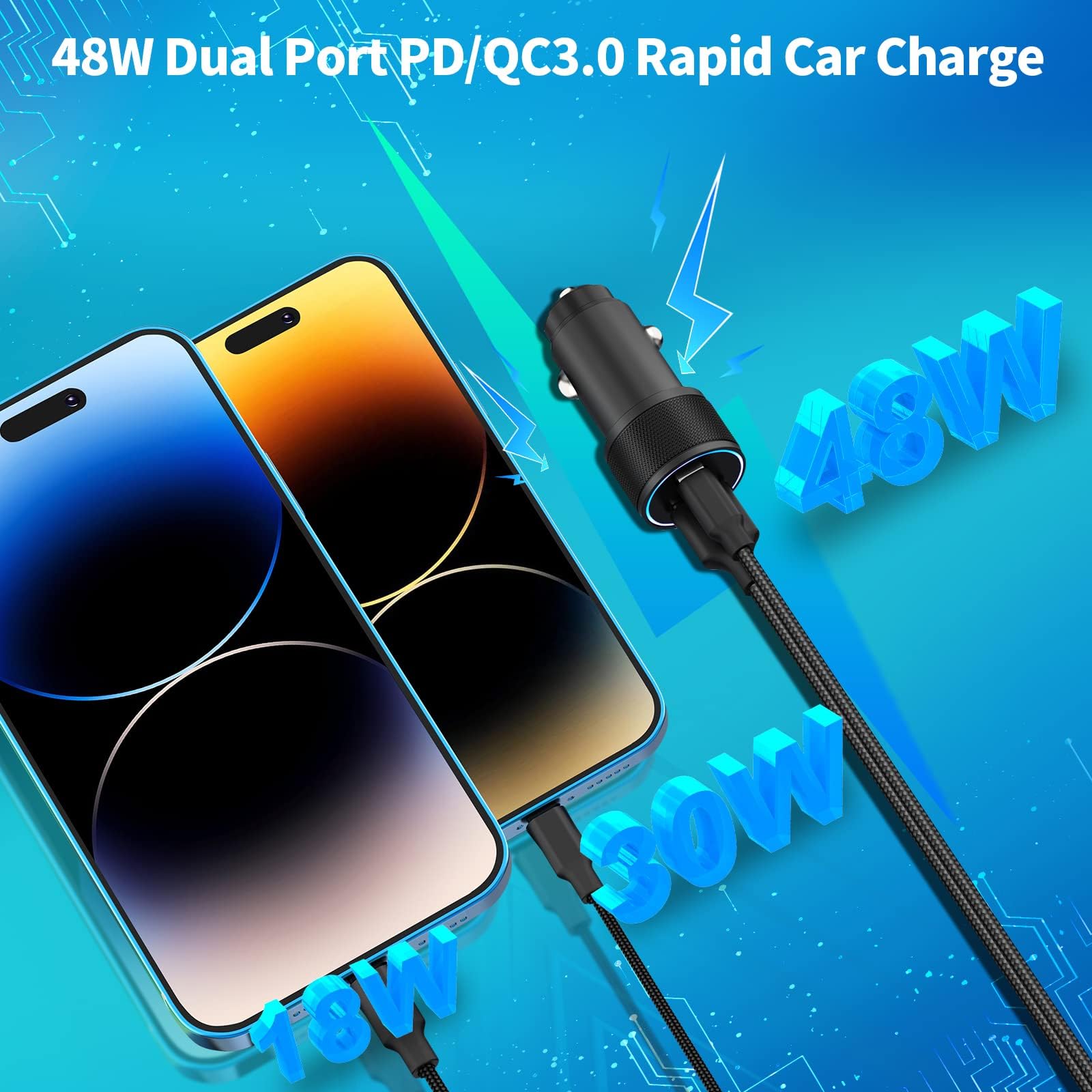 [Apple MFi Certified] iPhone Fast Car Charger, Veetone 48W Dual Port USB C Power Delivery All Metal Car Adapter with 2 Pack Lightning Braided Cable, PD/QC3.0 Car Quick Charging for iPhone/iPad/Airpods