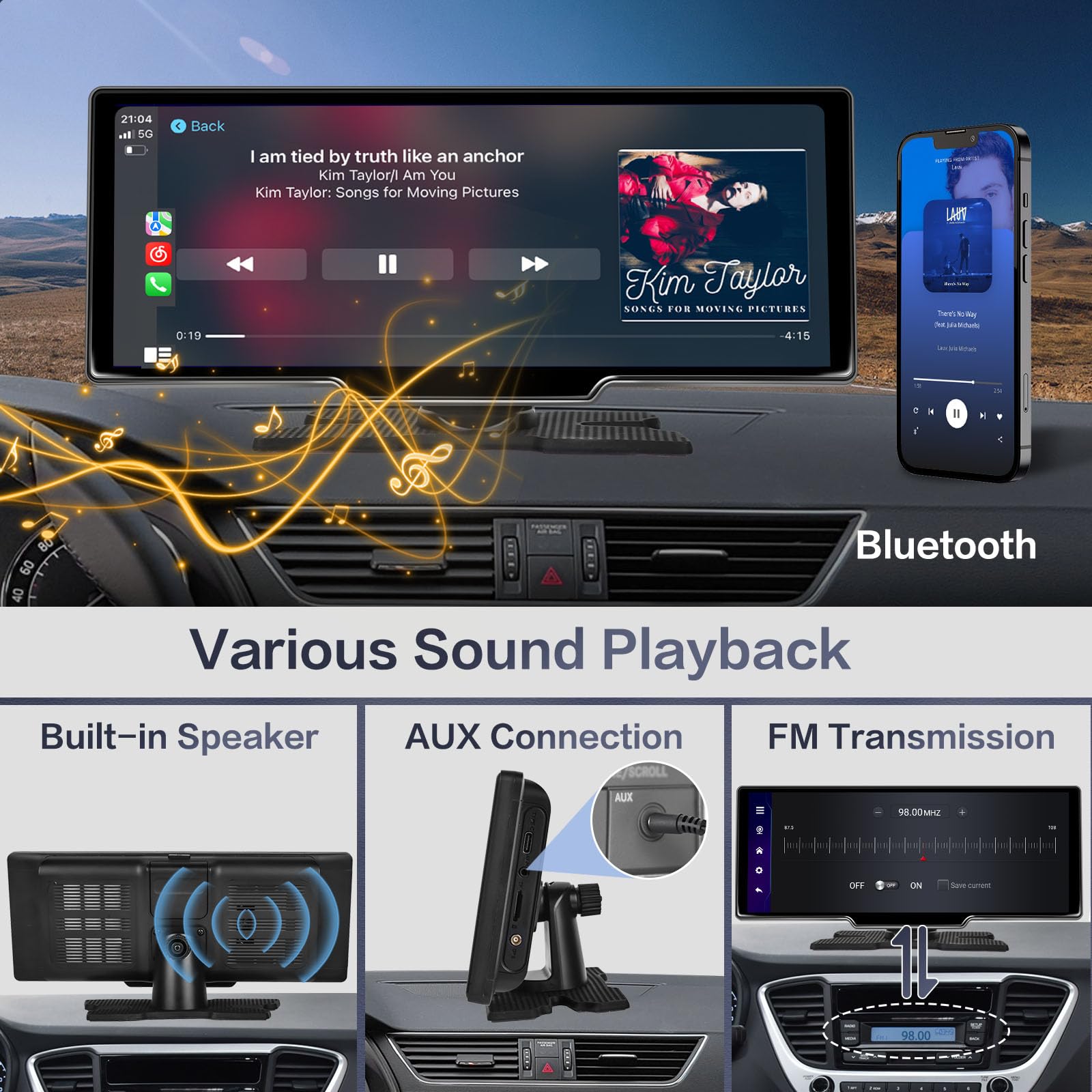 [4G+64G] Android 13 Car Stereo Portable Wireless Apple CarPlay & Android Auto Car Screen, 10.26 Inch HD Touchscreen Portable Car Radio with GPS Navigation WiFi Bluetooth Voice Control