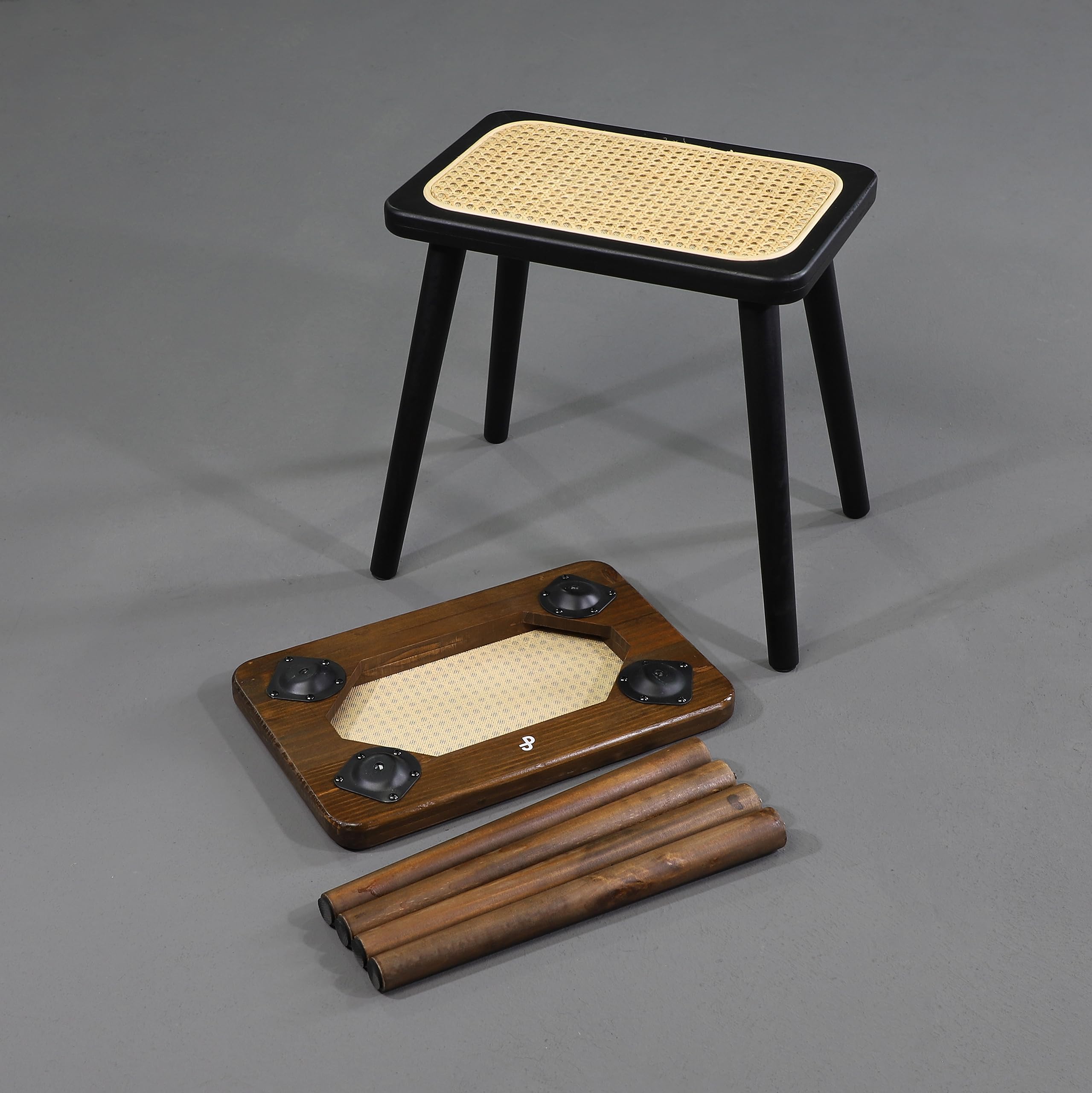[PJ Collection] Natural Rattan Top Wood Stool, with Portable and Detachable Legs, Handcrafted Wood Stool, Lightweight Stool, Hand Woven, Comfortable Support (Rectangle, Walnut Wood)