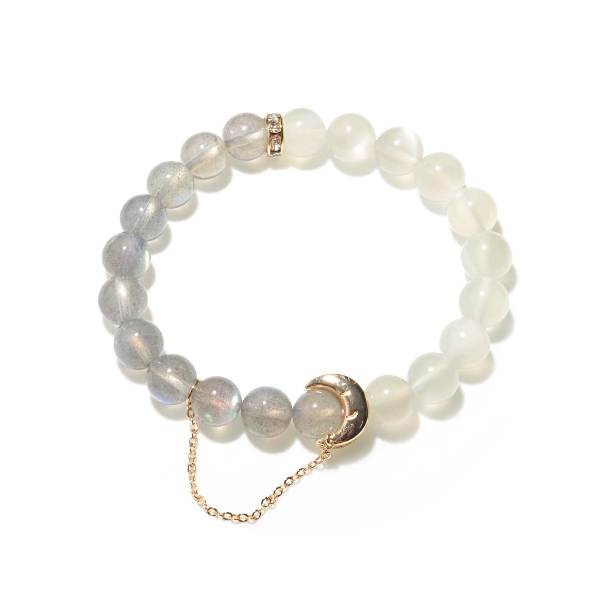 [Amber Crystal] Women Healing Chakra Gray White Moonstone 18K Gold Moon Chain Natural Lucky Crystal Beads Elastic Bracelet, 6inch(Wrist Circumference)