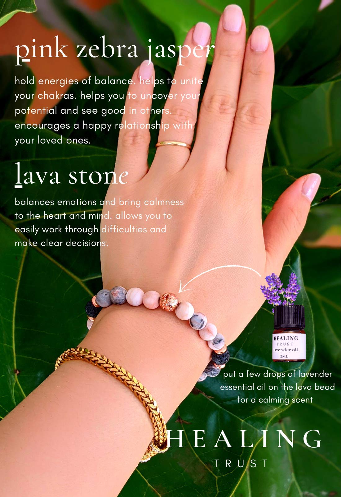 [Healing Trust] Lava Rock Bracelet with Lavender Essential Oil, Pink Zebra Jasper Essential Oil Diffuser Bracelet, Yoga Mediation Bracelet Stone Diffuser, pink zebra jasper, lava stone