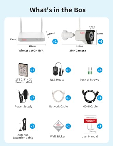 [Dual WiFi, PIR Sensor] Tonton 2K Wireless Security Camera System, 10CH NVR with 1TB HDD, 6PCS 3MP Outdoor Home WiFi Cameras,2 Way Audio, Spotlight, 12V DC Powered, AI Human Detection,Work with Alexa