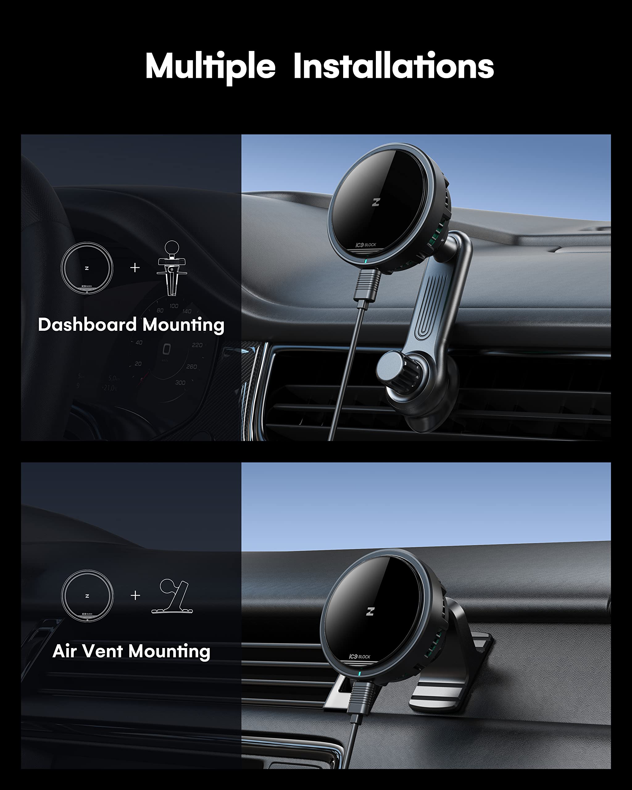[Ice Cooling Charging] Compatible for Mag-Safe Car Charger,15W ICEBLOCK Magnetic Wireless Car Charger Mount, Hands Free Car Mount for iPhone 15 14 13 12 Pro Max Plus Mini Mag-Safe Case