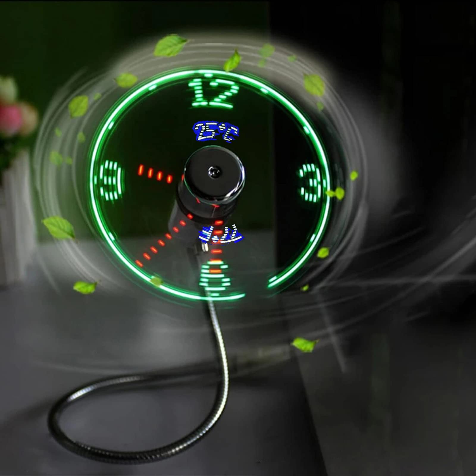 [New] USB LED Clock Fan with Temperature, Mobile USB Real Time Fan Fahrenheit and Celsius Display Portable Cooling Mini USB Quiet Gooseneck Fan for Office, Home & Travel (TC)