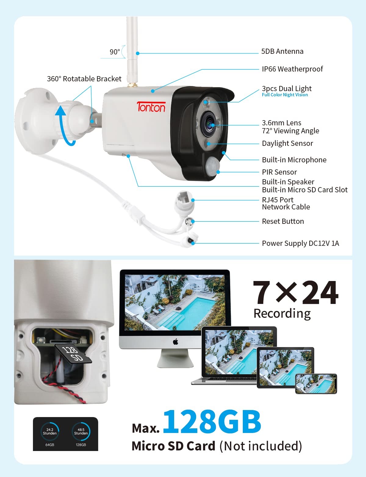 [Add -on 3MP Camera] Tonton 3MP Ultra HD Wireless IP Network Camera Outdoor Indoor Security Camera with PIR Sensor, 2 Way Audio, Floodlight, Suitable for All of Tonton NVR and All in one Kits