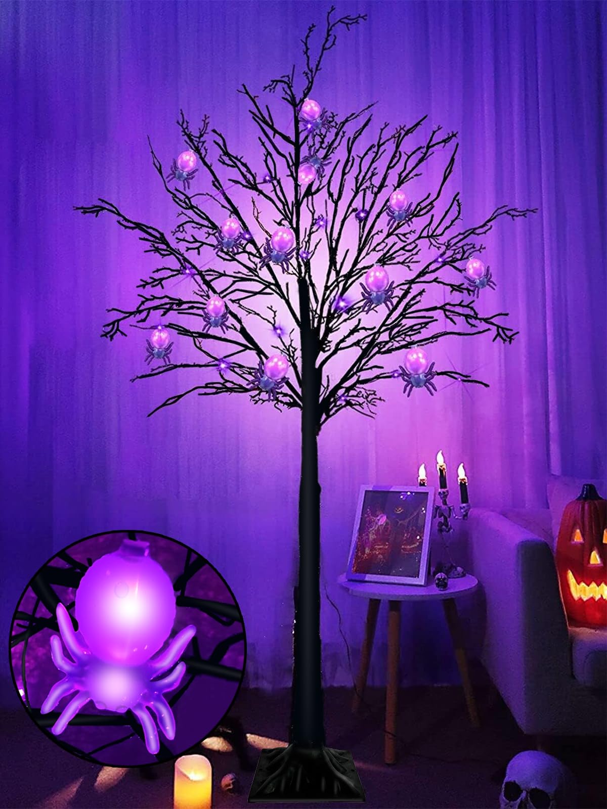 [Timer] 6 Ft Tall Halloween Tree Decorations Black Spooky Tree with 96 LED Purple Lightes and 24 DIY Bats Ornaments Artificial Tree Halloween Decor for Outdoor Indoor Home(4 Ground Stake/Adapter)