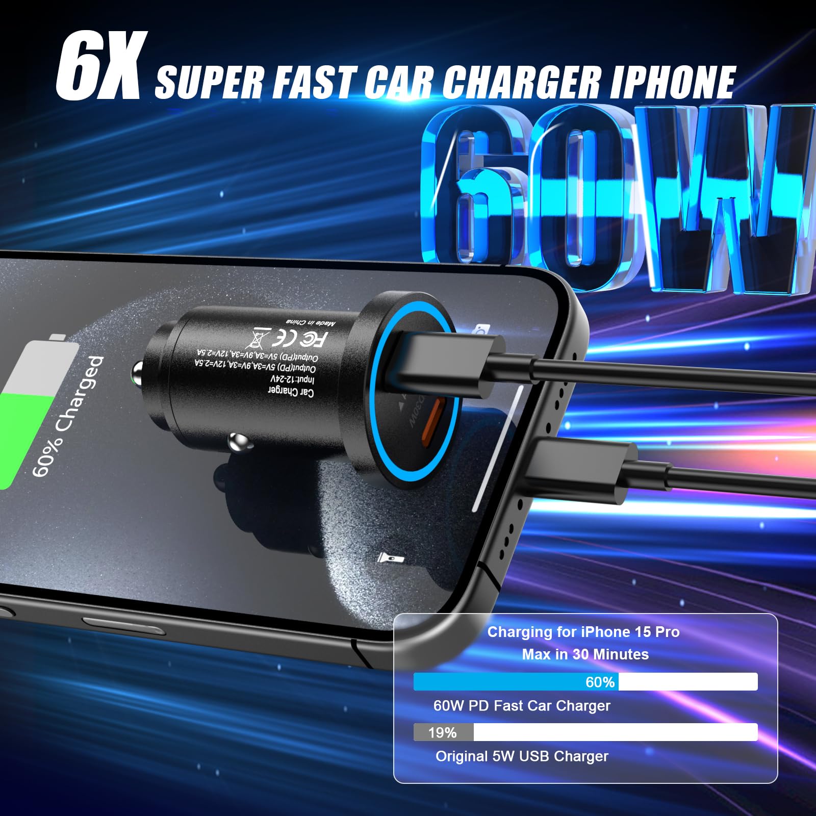 [MFi Certified] iPhone 15 Fast Car Charger, Mini 60W All Metal Dual USB C Car Charger Fast Charging Adapter & 2 Pack USB C to USB C Cord for iPhone 15/15 Plus/15 Pro/15 Pro Max/iPad Pro/Air/Mini