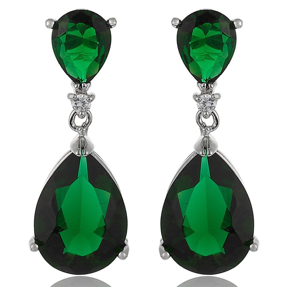 [RIZILIA CELEBOX] Teardrop Dangle Pierced 1.1" Earrings with Pear Cut CZ [Simulated Green Emerald] in White Gold Plated, Celebrity inspired by Angelina Jolie