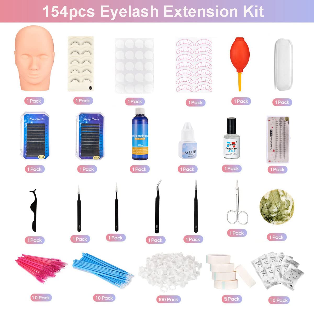 [Updated Version] 154pcs Eyelashes Extension Practice Exercise Set, Professional Flat Mannequin Head False Eyelash Grafting Training Tool Kit for Makeup Practice Eye Lashes Graft