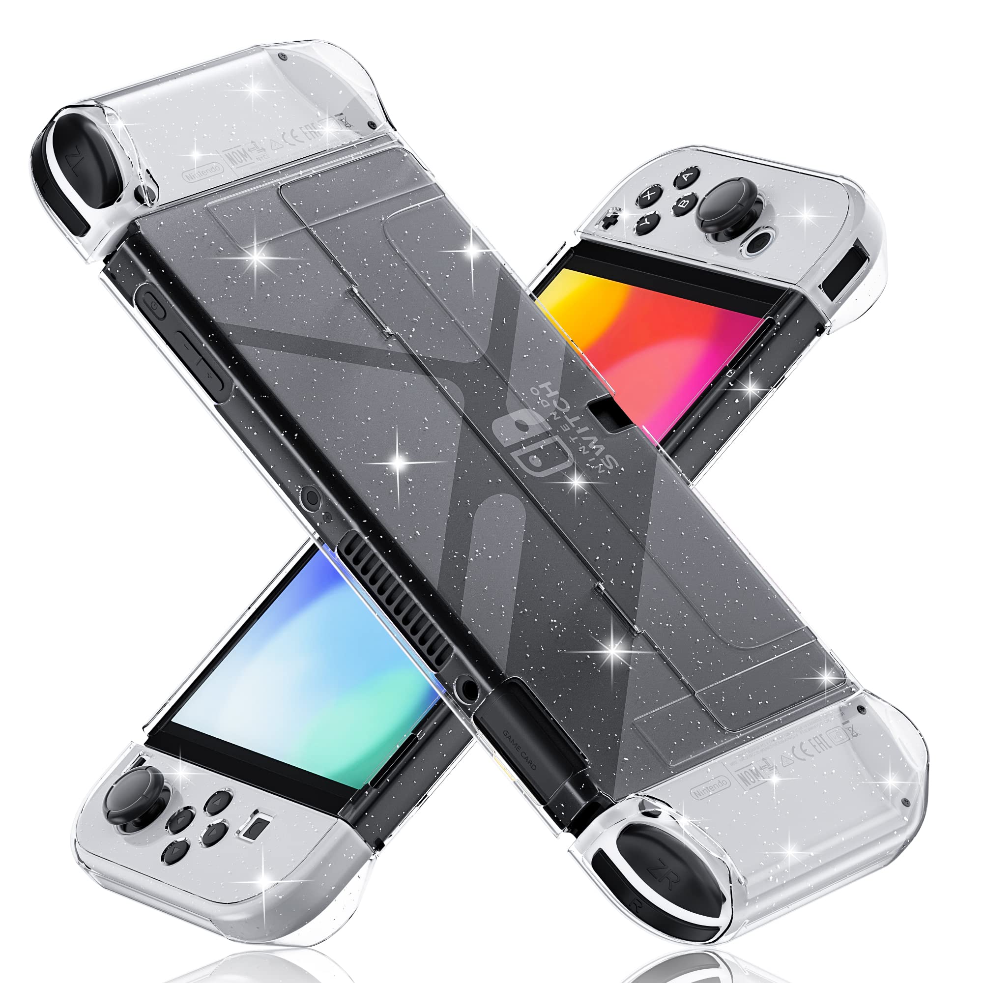 [Improved Version] Dockable Clear Case for Nintendo Switch OLED 2021, FANPL Protective Case Cover for Switch OLED and Joy Con Controller - Strong and Durable, Not Easy to Fall Off (Glitter)