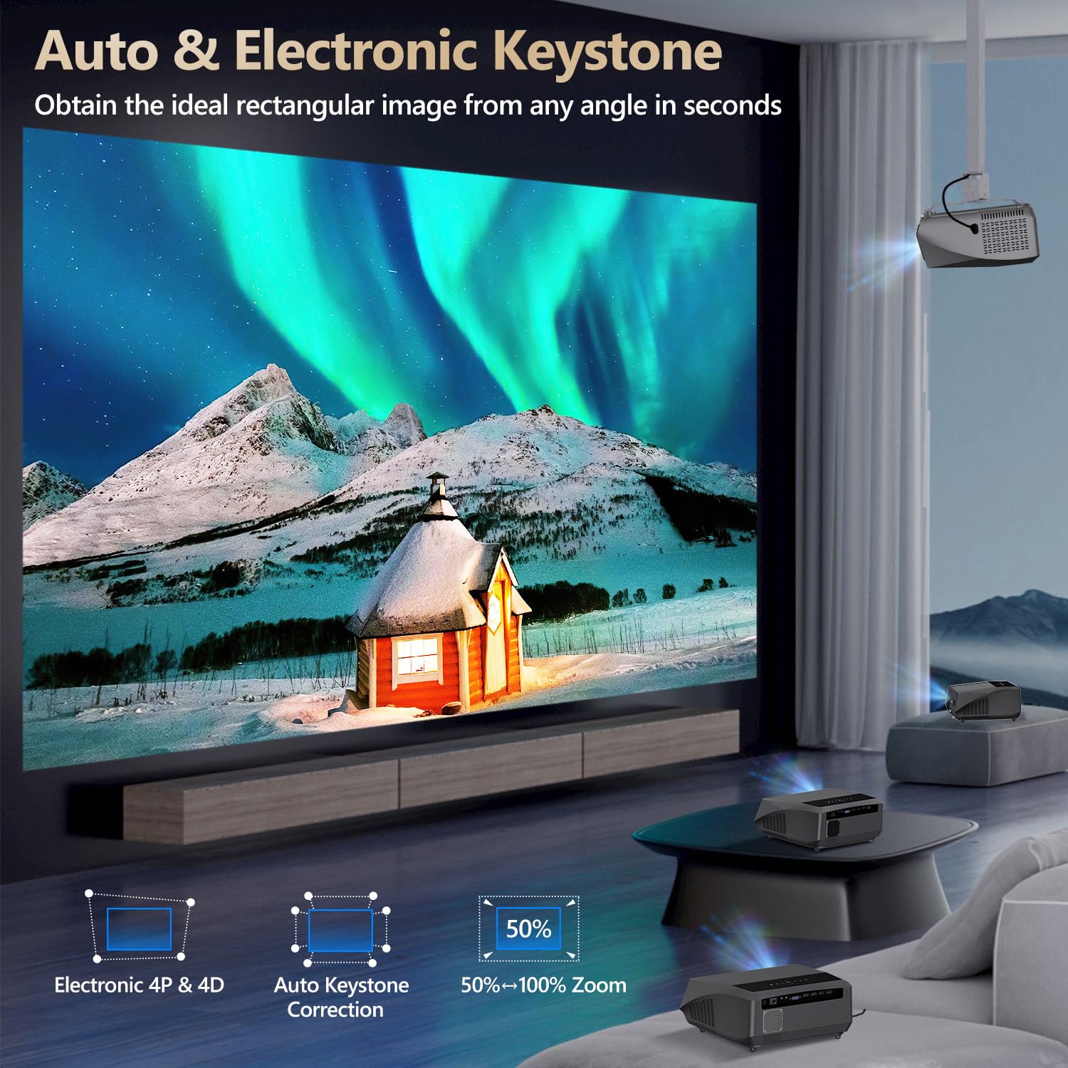 [Auto Focus+Keystone & 1200ANSI] Smart Daylight Projector 4K with WiFi6 & Two-way Bluetooth,Android TV Projector Streaming Apps,Ceiling Native 1080P Outdoor Movie Projector with 100" Anti-light Screen