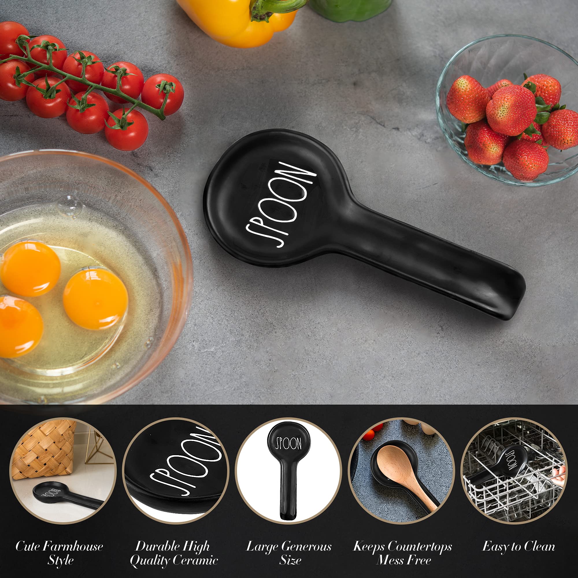 [Set of 2] Farmhouse Spoon Rests for Kitchen Counter by Brighter Barns - Black White Ceramic Spoon Rest for Stove Top - Stove Spoon Holder for Countertop - Coffee Spoon Rest - Farmhouse Kitchen Decor