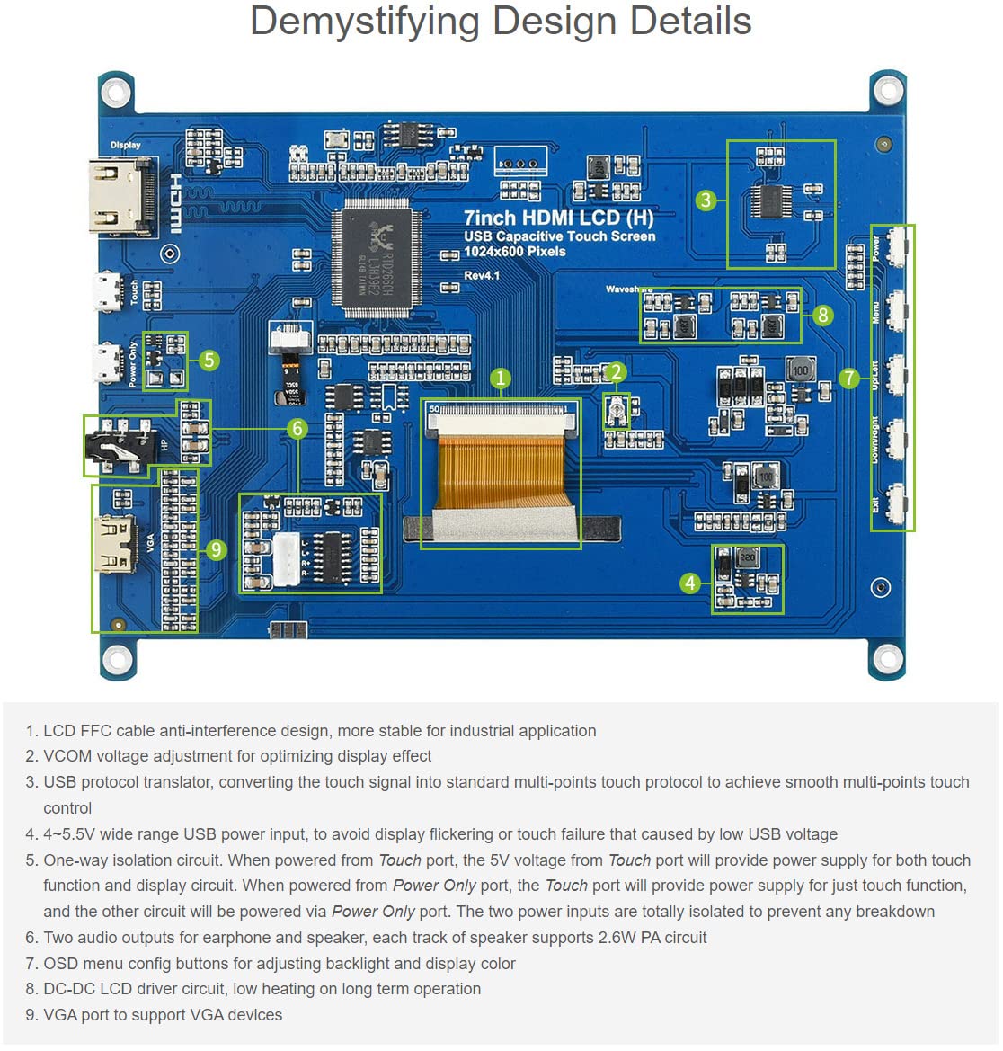 [Latest Version] Waveshare 7inch Capacitive Touch Screen LCD Monitor for RPi 400 4 3 Model B Compatible with All Versions of Raspberry Pi Windows with HDMI/VGA Port