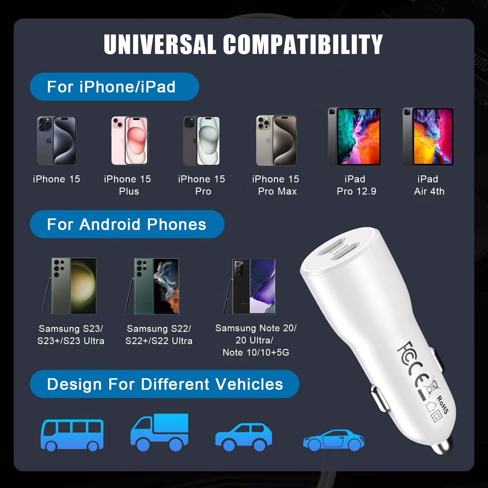 [MFi Certified] iPhone 15 Pro Max Car Charger Fast Charging, 40W Dual USB C Car Charger Cigarette Lighter with 2 Pack Type C to C Cable for iPhone 15/15 Plus/15 Pro/15 Pro Max, iPad Pro/Air/Mini