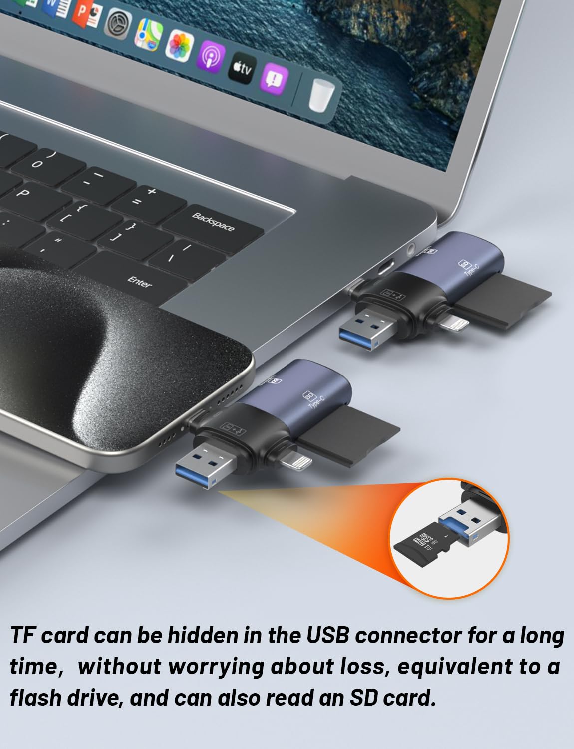 [MFi Certified] USB3.2 SD TF Card Reader for iPhone iPad Android Mac Computer Camera, 3 connectors: Lightning USB C(Type C) USB-A 1pc