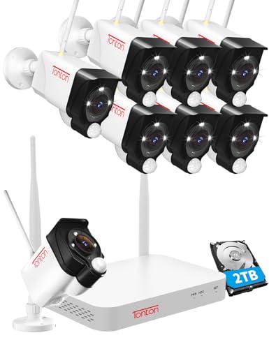 [Dual WiFi&2 Way Audio] Tonton Security Camera System Wireless,10CH 4K NVR with 2TB HDD,8PCS 3MP Outdoor Bullet Floodlight Cameras with PIR Sensor,AI Humanbody Detect,Color Night Vision,White(New)