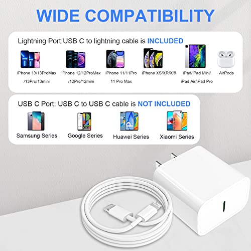 [MFi Certified] iPhone 14 13 12 11 Fast Charger, 2Pack 20W PD Type C Wall Charger Block with 6FT USB-C to Lightning Cables Compatible with iPhone 14/13/ 12/11/ XS/XR/X/ 8 Plus/iPad,White