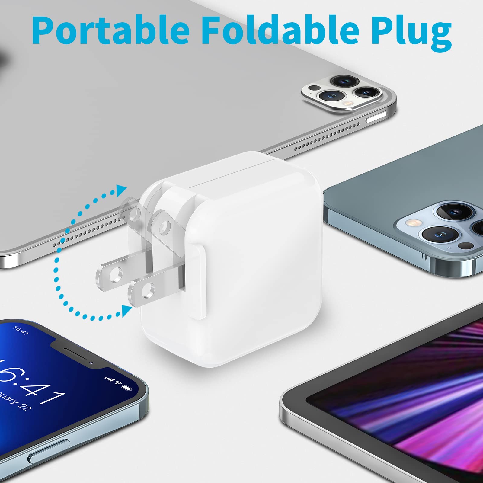 [Apple MFi Certified] iPad Charger, BAOYUANDA 12W USB Wall Fast Charger Foldable Portable Travel Plug with 2.4A USB to Lightning Charging Cable Data Sync Cord for iPhone, iPad, iPad Air, mini, Airpods