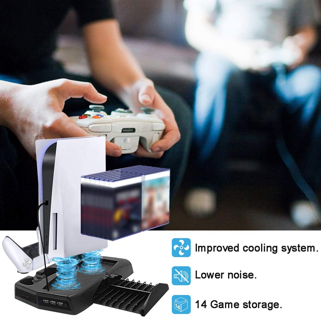[UPGRADED VERSION] Cooling Fan Charging Station Vertical Stand Charger Compatible with Playstation 5 PS5 Console Charging Station Dock, Dual Controller Charger with 14 Game Card Slot Organizer