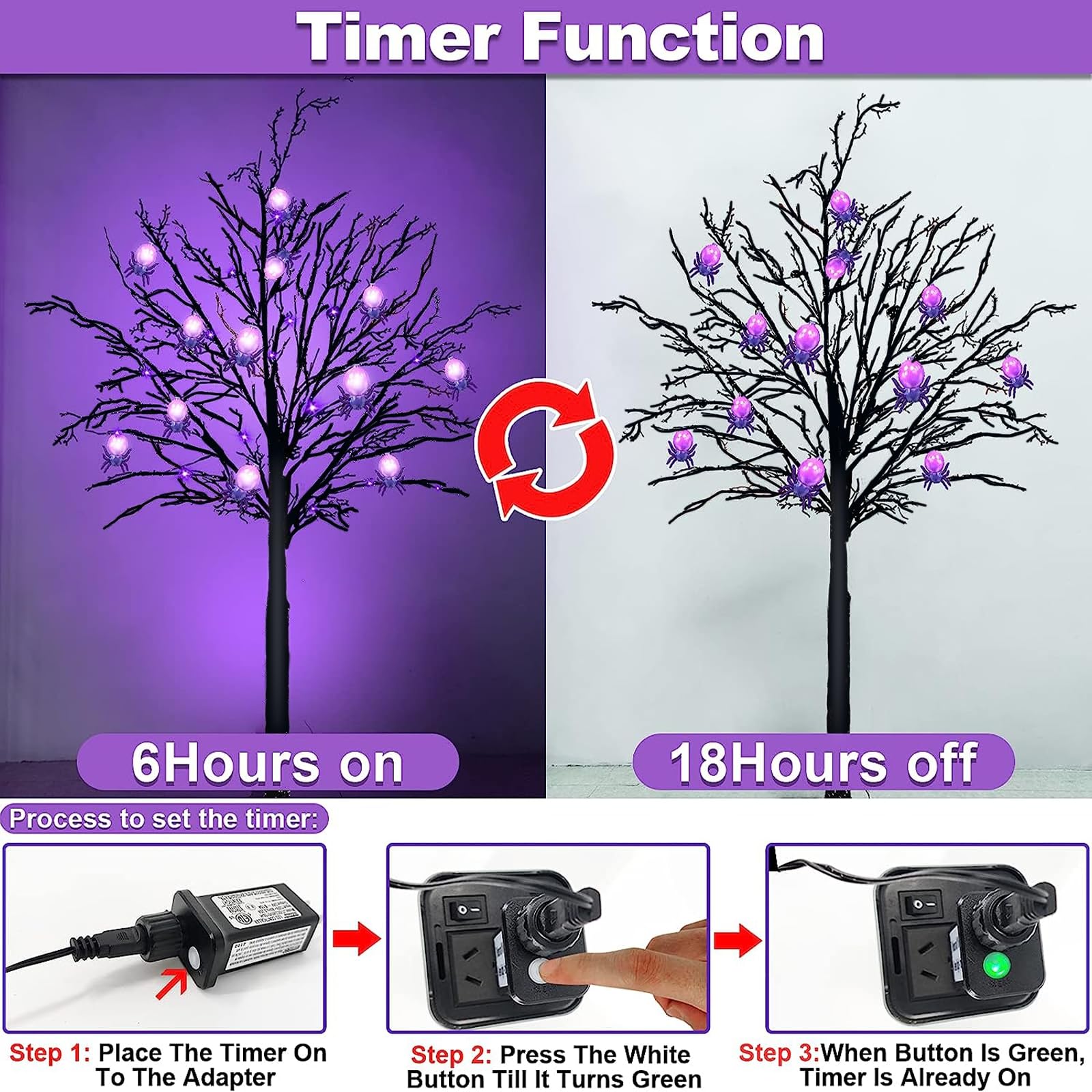 [Timer] 6 Ft Tall Halloween Tree Decorations Black Spooky Tree with 96 LED Purple Lightes and 24 DIY Bats Ornaments Artificial Tree Halloween Decor for Outdoor Indoor Home(4 Ground Stake/Adapter)