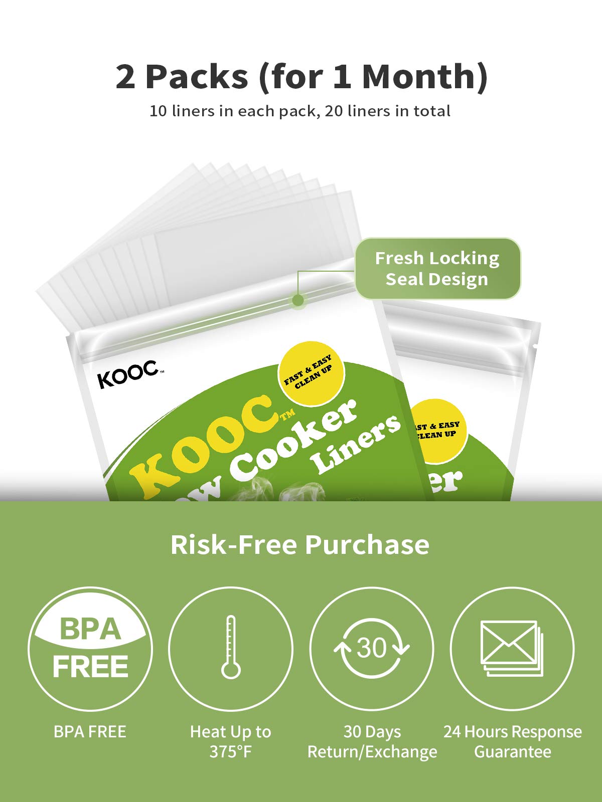 [NEW]KOOC Premium Slow Cooker Liners and Cooking Bags, Large Size Fits 4QT to 8.5QT Pot, 13"x21" (20 counts), Suitable for Oval & Round Pot, BPA Free