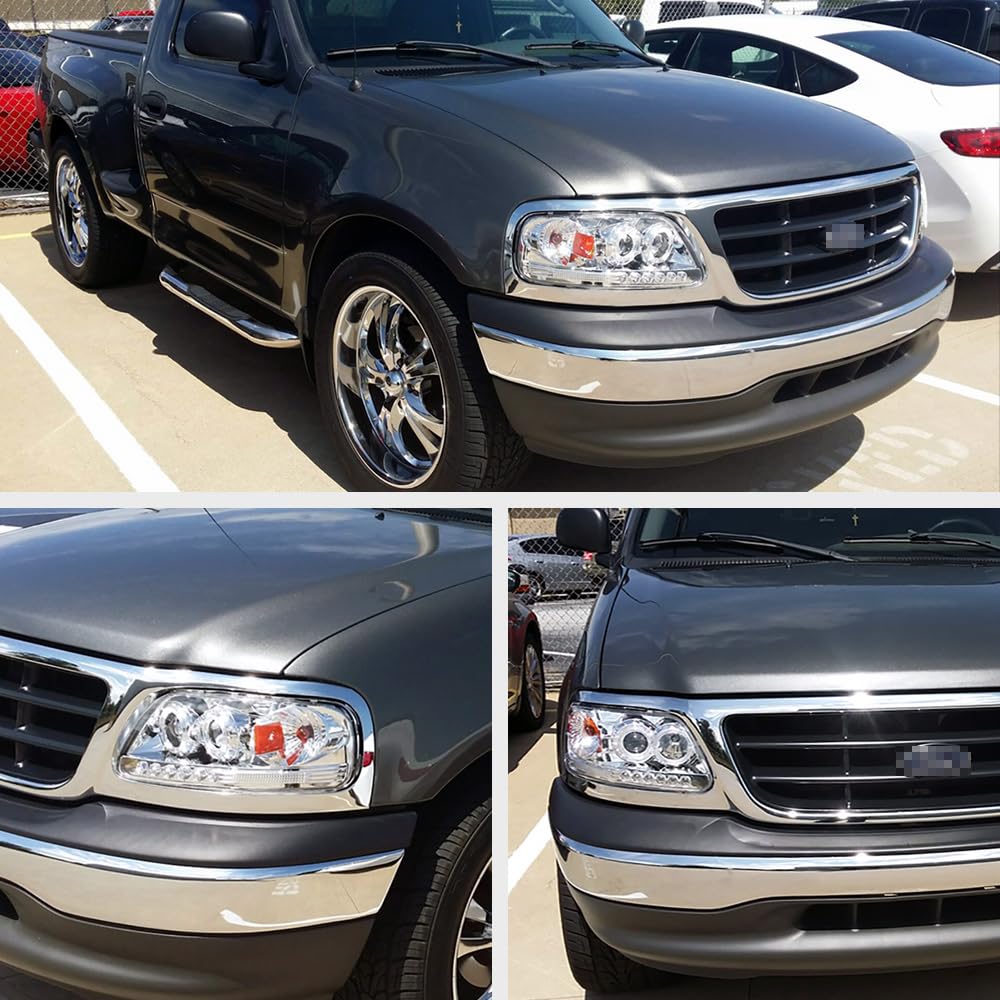 [For 1997-2003 Ford F150 Pickup Truck] LED Halo Ring Chrome Housing Projector Headlight Headlamp Assembly, Driver & Passenger Side
