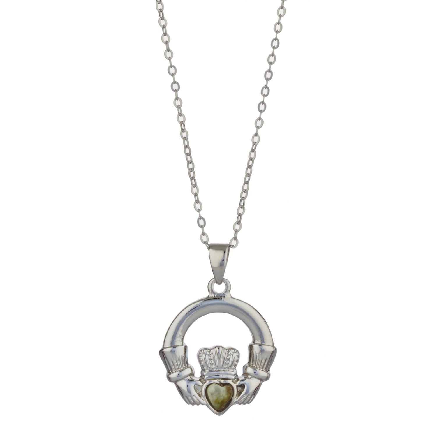 [S45511] Claddagh Rhodium Plated Pendant with Irish Connemara Green Marble with 18" Rhodium Chain