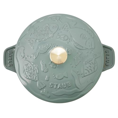 [STAUB x minä perhonen] staub hotplate ocean round 7.9 inches (20 cm) eucalyptus brass knob specification mina perhonen both hands cast enamel shallow type induction compatible [Japan official sale]