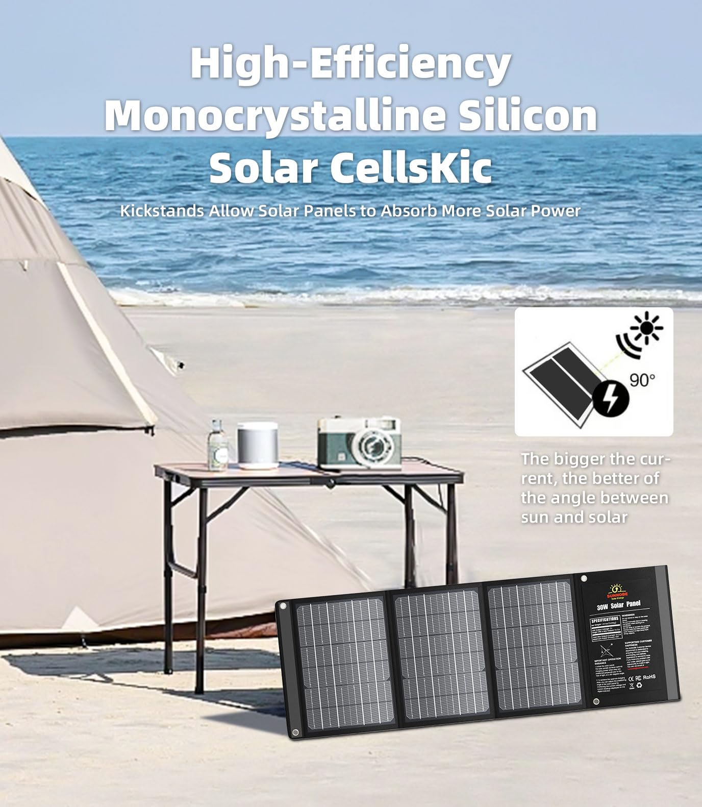 [Lightweight Upgraded]SUNNOBE Portable Solar Panel with 3-IN-1 Cable, Dual USB-A Ports, Foldable 30W Solar Panel Charger with Digital Ammeter for Camping&Hiking, Compatible with iPhone, iPad, Samsung