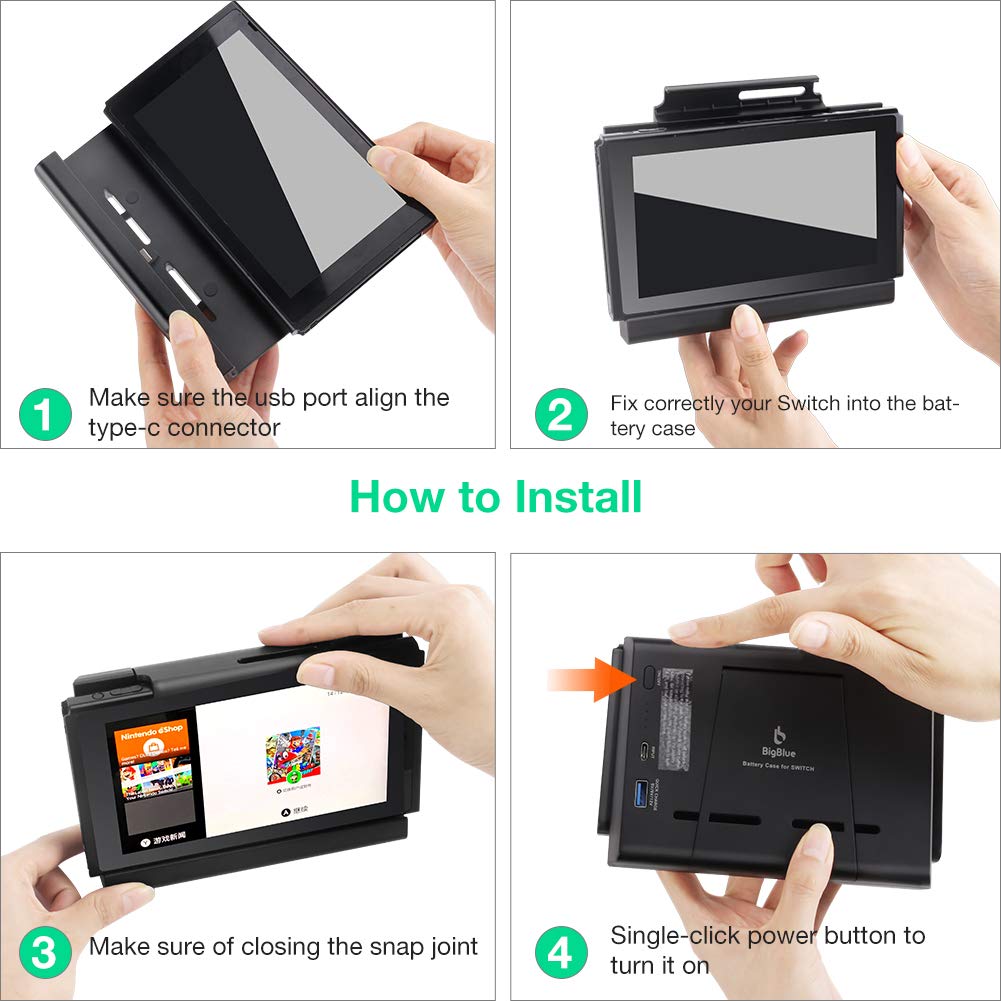 [Upgraded] BigBlue 10000mAh Battery Charger Case with Joy-Con Grips, Dual USB-C(18W PD Quick Charging), Portable Backup Charger with Kickstand & Game Card Slot