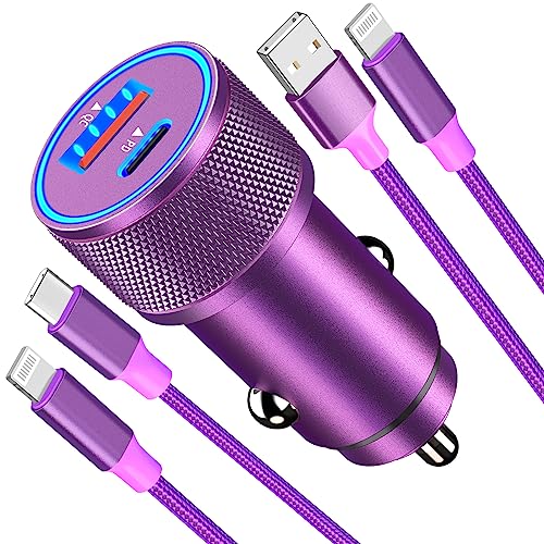[Apple MFi Certified] iPhone Fast Car Charger, Veetone 48W Dual Port USB-C PD/QC3.0 Power Car Charger Adapter + 2 Pack Lightning Braided Cable Quick Charging for iPhone 14 13 12 11 Pro/XS/XR/SE/X/iPad