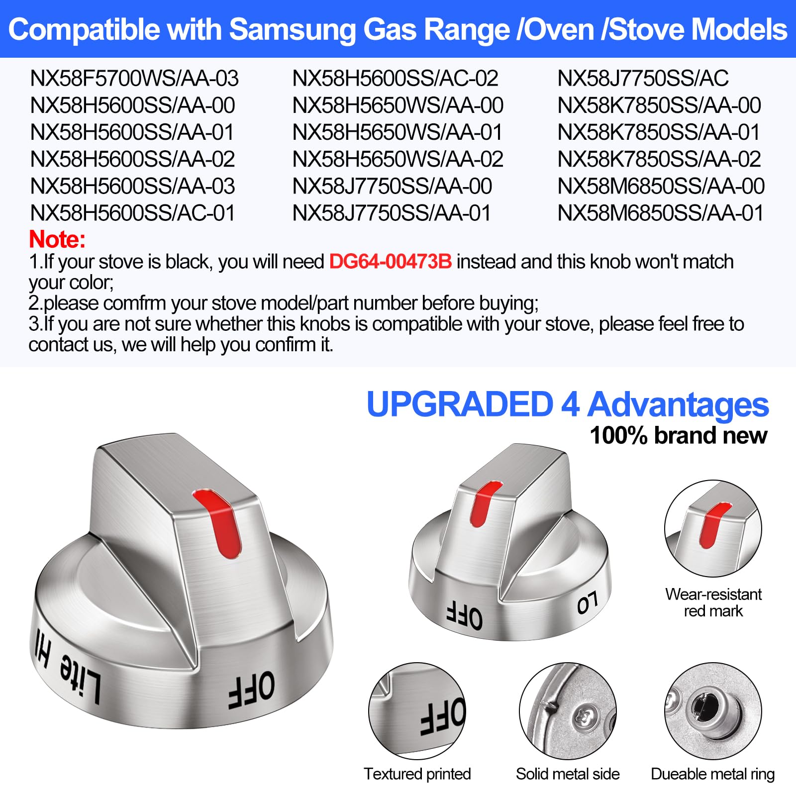 [Upgraded] DG64-00473A Stove Knobs Compatible with Samsung Gas Range, Reinforced Stainless Steel Protection Power Ring, Ultra Durable Control Knobs Replacement for Samsung Stove Burner Oven (5 Pack)