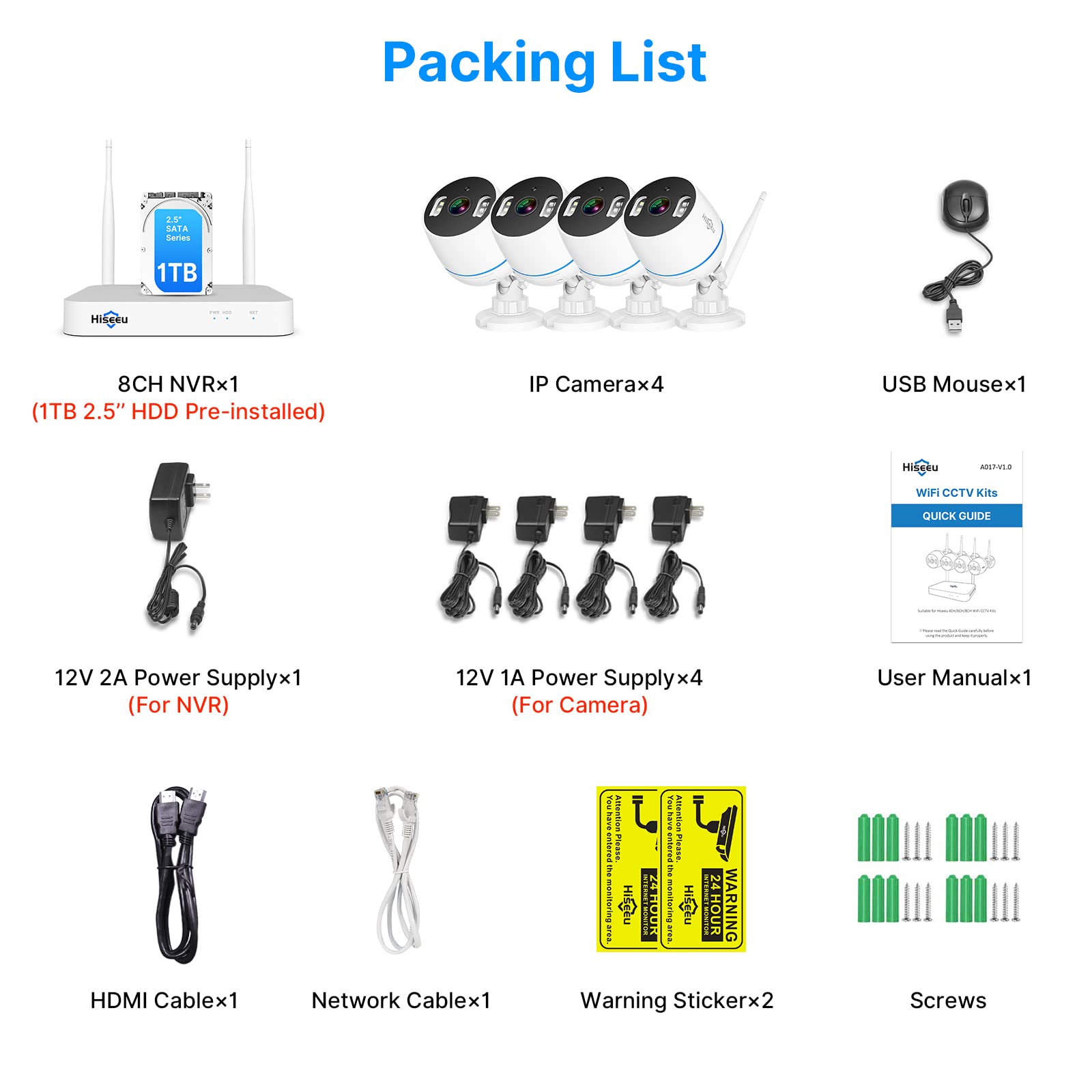 [Full Color Night Vision] Hiseeu Wireless Security Camera System 3MP Spotlight IP Cameras WiFi Surveillance System with 2 Way Audio,Light&Sound Alarm with 8CH NVR 1TB Hard Drive Compatible Alexa