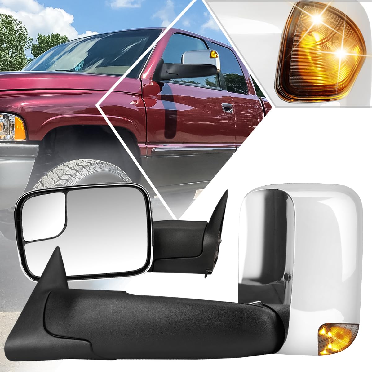 [Pair] Power Tow Towing Mirrors Side Mirrors w/Smoked LED Signal Compatible with 94-97 Dodge Ram 1500-3500,Chrome